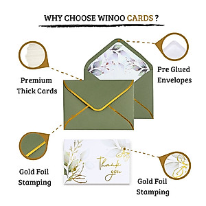 Winoo Design 100 PK Luxurious Gold Thank You Cards with Envelopes Bulk Sage Green - 5x3.5 Inches Wedding Thank You Notes Baby Shower Greenery Bridal Shower Small Business