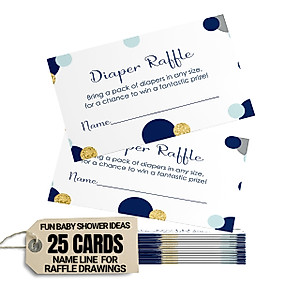 Navy and Gold Diaper Raffle Tickets, Boys Baby Shower Games for Prizes, Baby Shower Diaper Raffle Invitation Insert Cards, 25 Pack