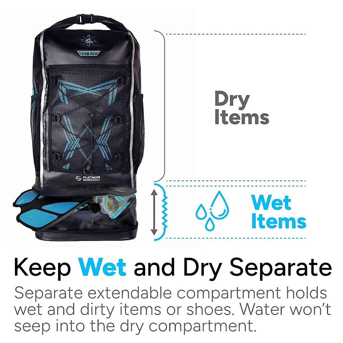 Dry Bag Backpack Waterproof 40L Heavy Duty Roll-Top beach bag with Compartment for Dirty Stuff for Travel, Hiking, Boating