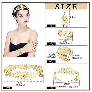 SAILIMUE 5 Pcs Greek Goddess Costume Accessories Set for Women Golden Laurel Leaf Crown Headband Armband Coil Bracelet Leaf Dangle Earring Bridal Wedding Headpiece Toga Party