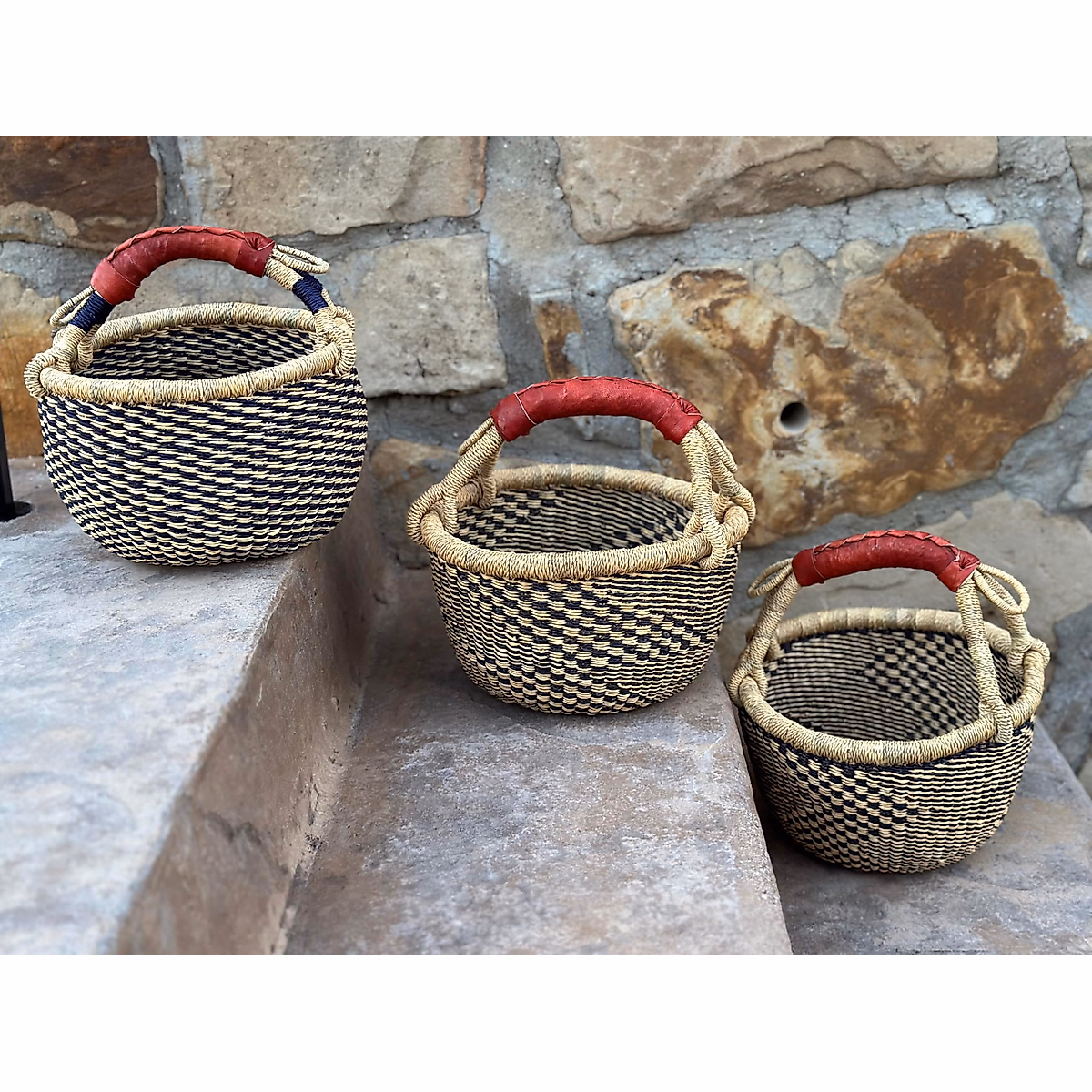 The African Home Goods Market Basket, Handmade in Ghana by Women Artisans, Natural + Navy Color: Midnight + Natural 1 EA (SMALL: 9Inch-11Inch), Mid night & Natural