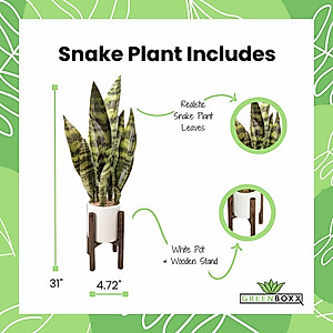 GreenBoxx Artificial Snake Plant Pot, 27" Portable Faux Potted Air-Purifying Indoor Plant | Home Décor Window Wedding Décor Arrangement Garden Ceramic Pot & Stand Included (White Pot, Green-Black)