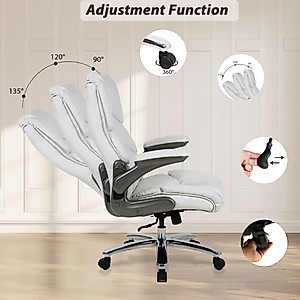 Office Chair, Home Office Desk Chairs with Flip-Up Arms, Big and Tall Office Chair with 400LBS Load-Bearing Capacity, White Office Chair, Executive Office Chair for Heavy People, White, Faux Leather