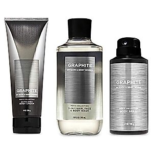 BATH AND BODY WORKS, GIFT SET GRAPHITE FOR MEN ~ BODY WASH ~ BODY CREAM AND DEODORIZING BODY SPRAY- FULL SIZE