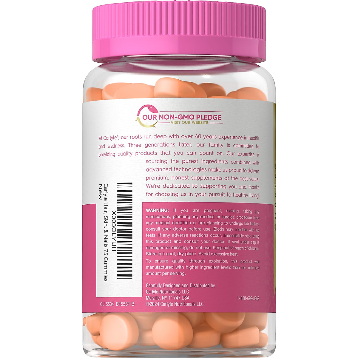 Carlyle Hair Skin and Nails Vitamins | 75 Gummies | with Biotin and Collagen | Gummy Supplement for Women | Strawberry Flavor | Non-GMO, Gluten Free