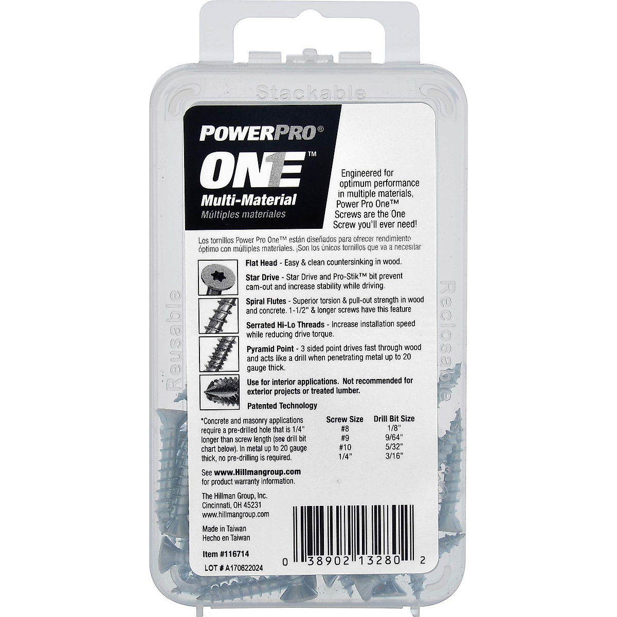 Power Pro Premium One Multi-Material Flat Head Screws, Zinc Plated Steel, Fasten in Wood, Metal, Concrete, Drywall and Plastic, Silver, #8 x 1 inch, Box of 35 Screws