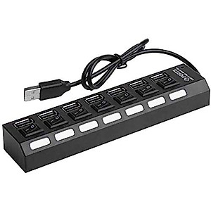 7-Port USB 2.0 Hub High Speed Power Cable with Blue LED Light Indicator ON/Off Sharing Switch Adapter for PC Laptop (Black)