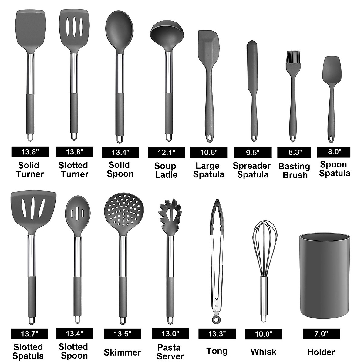 LIANYU 15-Piece Cooking Kitchen Utensils Set with Holder, Silicone Kitchen Tools Stainless Steel Handle, Slotted Spatula Spoon Turner Tong Whisk Brush for Cooking, Gray
