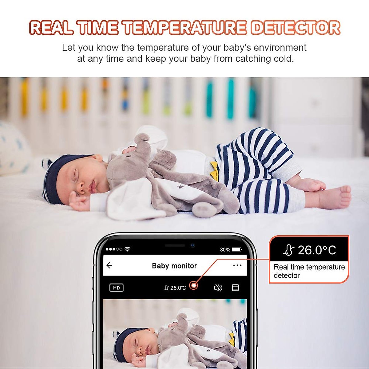 EVERSECU WiFi Baby Monitor Pet Camera Support Temperature Detecting, Sound Detecting and 6 lullabies, 2 Way Audio, Night Vision, Tuya Smartphone app for remoteview