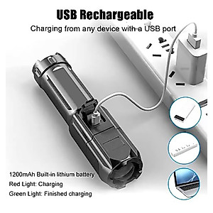 Cenbini 2PCS Peachloft Flashlight, Powerful LED Flashlight, Waterproof Zoom 3 Lighting Modes USB Rechargeable Torch for Outdoor Hiking Emergency (Gray Black)