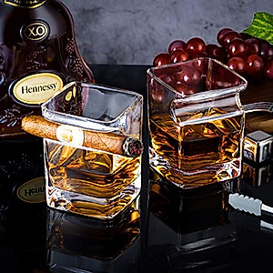 YouYah Cigar Whiskey Glasses with Cigar Holder-Set of 2,Cigar Accessories,Crystal Whisky Glass Set with Indented Cigar Rest,Premium Rocks Glass,for Brandy,Cocktail,Vodka,Bourbon,Gifts for Men(9.5oz)