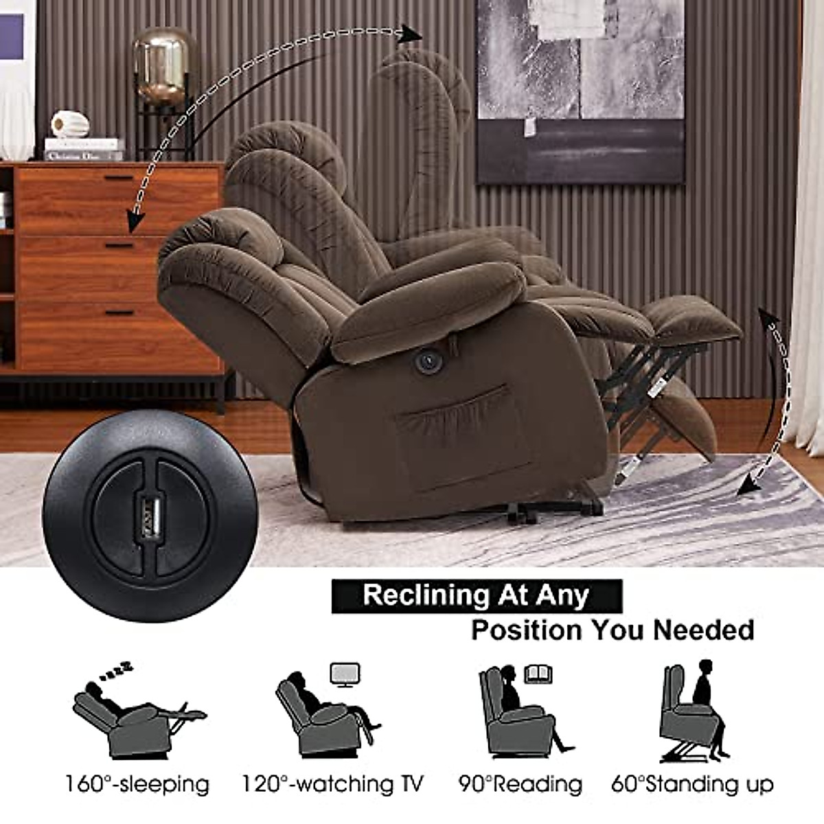 SENYUN Electric Power Lift Recliner Chair with Heat & Massage for Elderly, Plush Fabric Reclining Chairs for Seniors Home Living Room, Brown