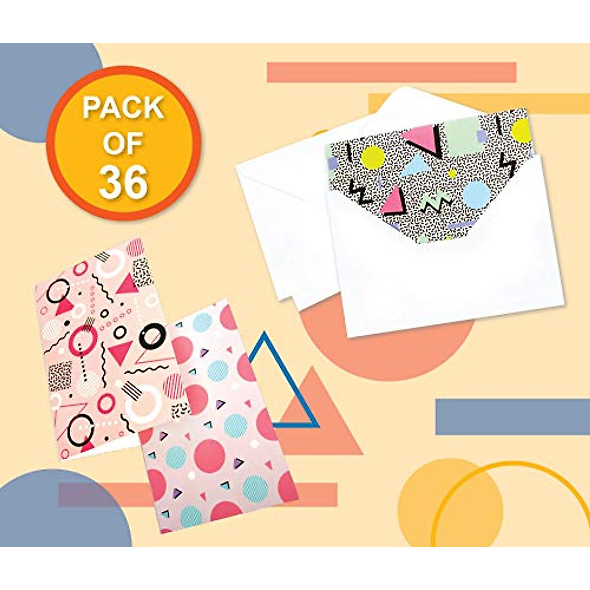 36 Pack All Occasion Assorted Blank Greeting Cards - 80's Retro Rainbow Designs - Blank Greeting Cards with Envelopes Included 4 x 6 Inches Thank You Cards, Birthday Cards, Graduations,Congratulations