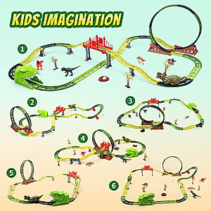 𝐓𝐎𝐘 𝐃𝐄𝐀𝐋𝐒 𝐈𝐍 𝐎𝐔𝐓𝐋𝐄𝐓 Dinosaur Race Track Train Toys, Flexible Dinosaur Train with LED Roaring Lights, Dino Toys & Dino Eggs, 3 Year Old Boy Birthday Gift