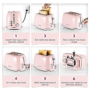 REDMOND 2 Slice Toaster Retro Stainless Steel Toaster with Bagel, Cancel, Defrost Function and 6 Bread Shade Settings Bread Toaster, Extra Wide Slot and Removable Crumb Tray, Pink, ST028
