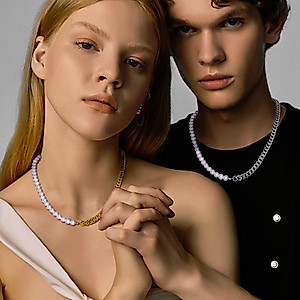 Men's Pearl Necklace Women Half Pearl Half Metal Link Chain Black Cuban Chain Pearls Stands Choker 17"