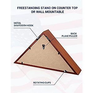 DecoWoodo Flag Box Display Case for 3'x5' Folded American Flag (Not for Burial Flag) - Wooden Military Veteran Flag Shadow Box with HD Tempered Glass, Wall Mounted Triangle Flag Frame, Brown
