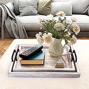 LotFancy Rustic Wood Serving Trays, Set of 2, Nesting Food Trays with Metal Handles, Decorative Charcuterie Board Platter for Ottoman, Coffee Table, Countertop Centerpiece