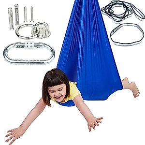 Indoor Sensory Swing for Kids with Mounting Hardware, Double-layer Clothes Indoor Swing Hanging Hammock Chair Lycra Cuddle Pod Therapy Swings for Autism Child with Special Needs(Blue)