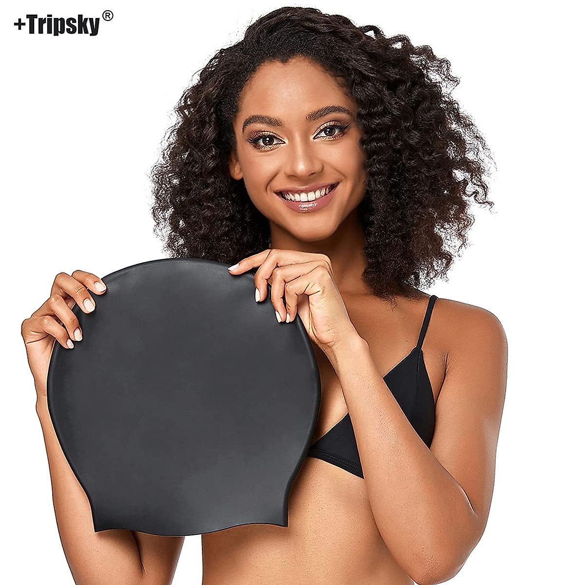 Tripsky Extra Large Swim Cap for Women Men,Waterproof Silicone Swimming Caps Ideal for Long Hair, Thick Curly Hair & Dreadlocks Braids Weaves Afro Hair - Keep Hairstyle Unchanged (Black)