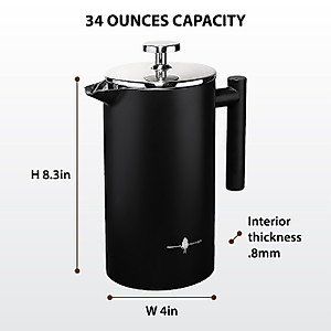 Redwood - Large French Press, 8 Cup Coffee Maker, Double Wall Construction, 3-Layer Stainless Steel Filter, Optimal Thermal Retention (Black) (34 oz)