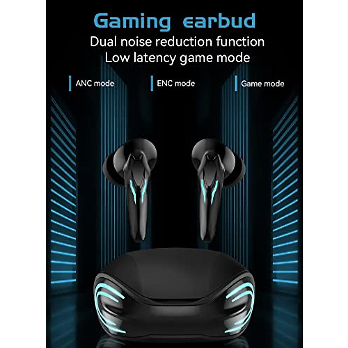 KENKUO Wireless Gaming Earbuds, Active Noise Cancelling Bluetooth Headphones, 60ms Ultra Low-Latency for Gaming, ENC Call Noise Cancelling Bluetooth 5.1 with Deep Bass, IPX6 Waterproof, Black