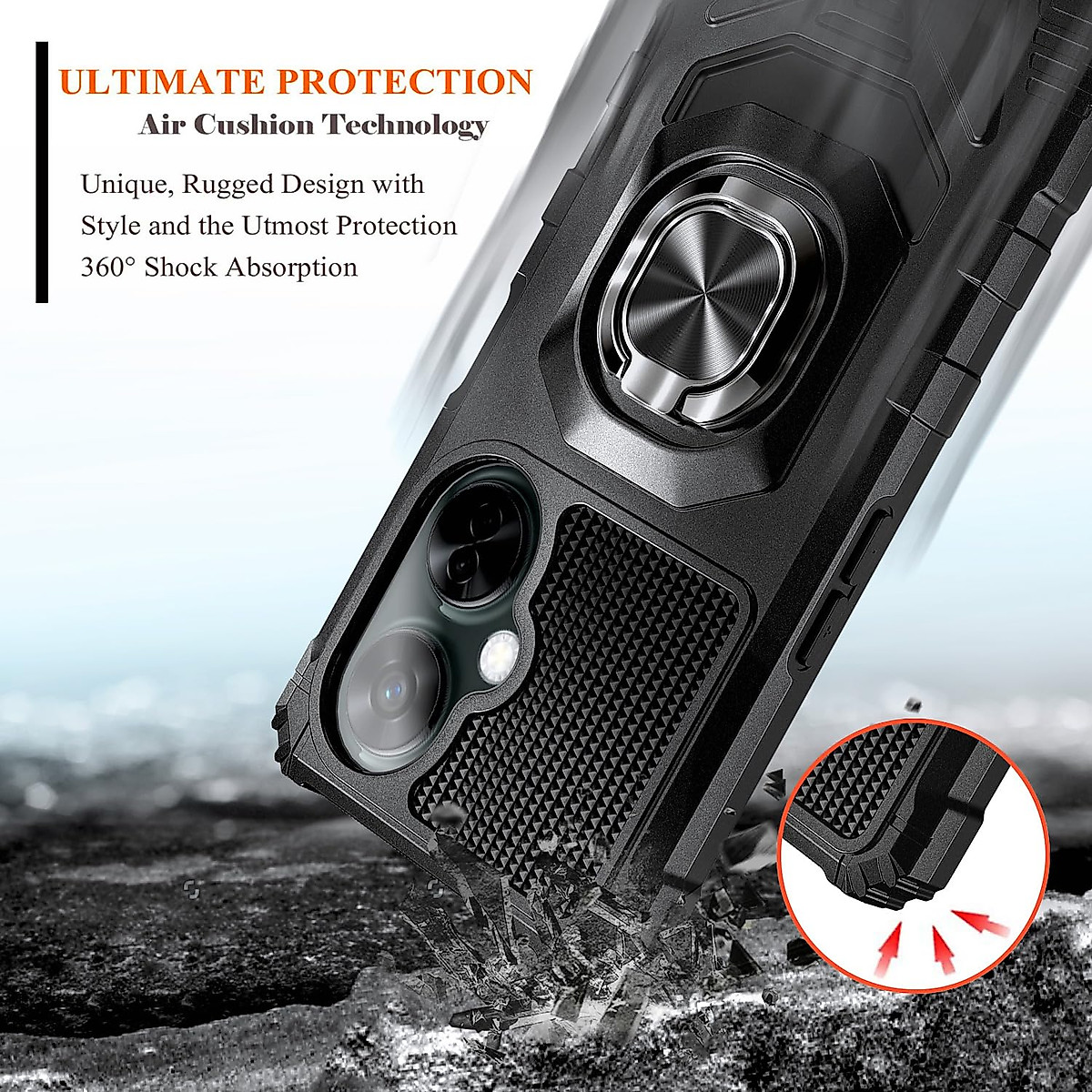 NZND Designed for OnePlus Nord N30 5G Phone Case, Full-Body Protective [Military-Grade], Magnetic Car Ring Holder Cover Case with Tempered Glass Screen Protector (Black)