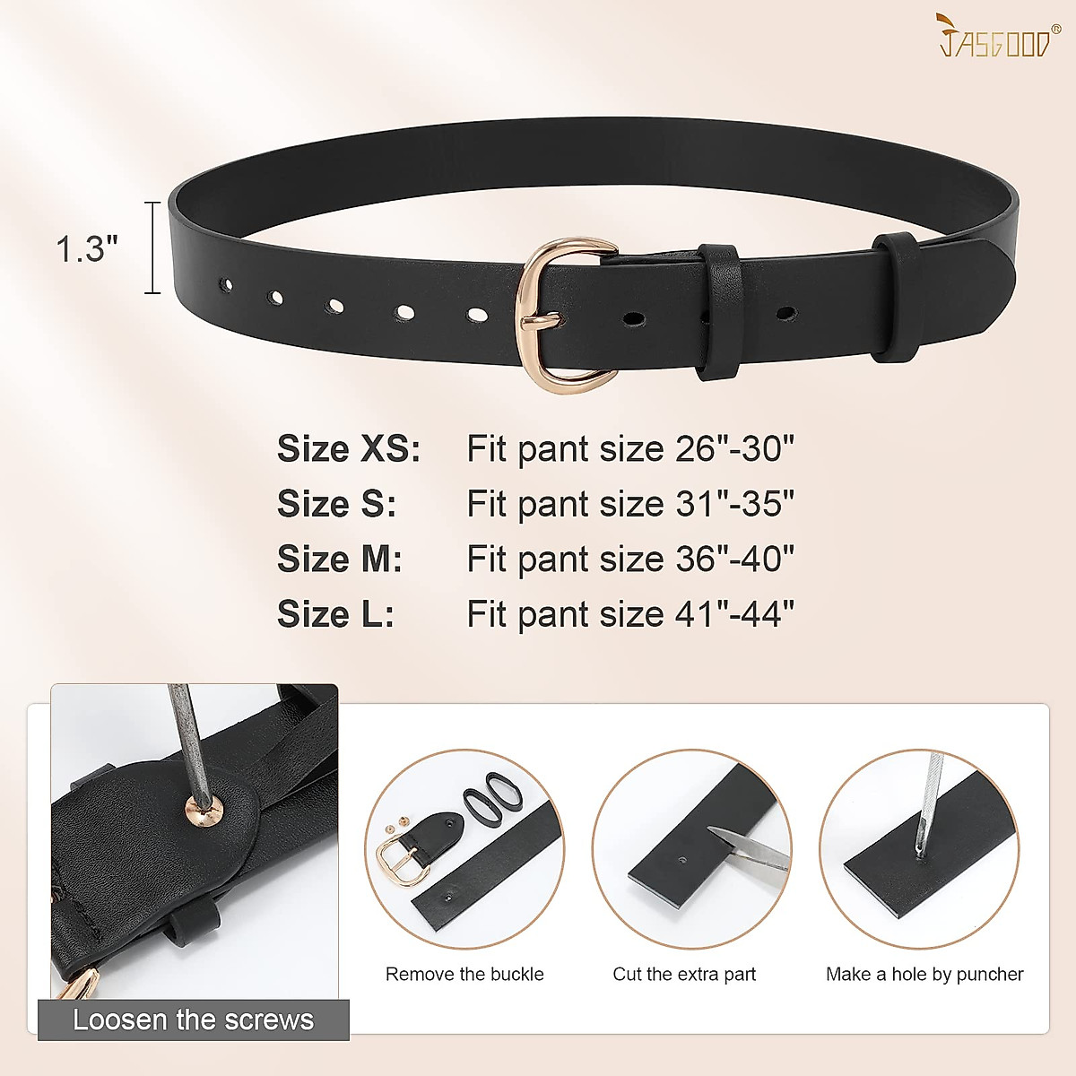 JASGOOD Women Black Leather Belt for Jeans Pants Gold Buckle Lady Casual Dress Waist Belt (Fit Waist Size 31-35inch)