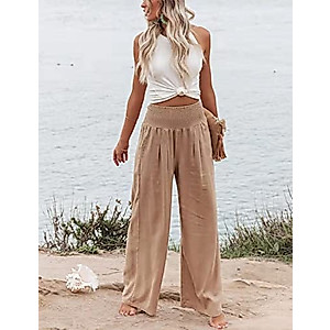 Mingzhu Women's Cotton Linen Loose Fit Palazzo Pants Casual High Waist Stretchy Wide-Leg Trousers with Pockets (0546-Khaki-L)