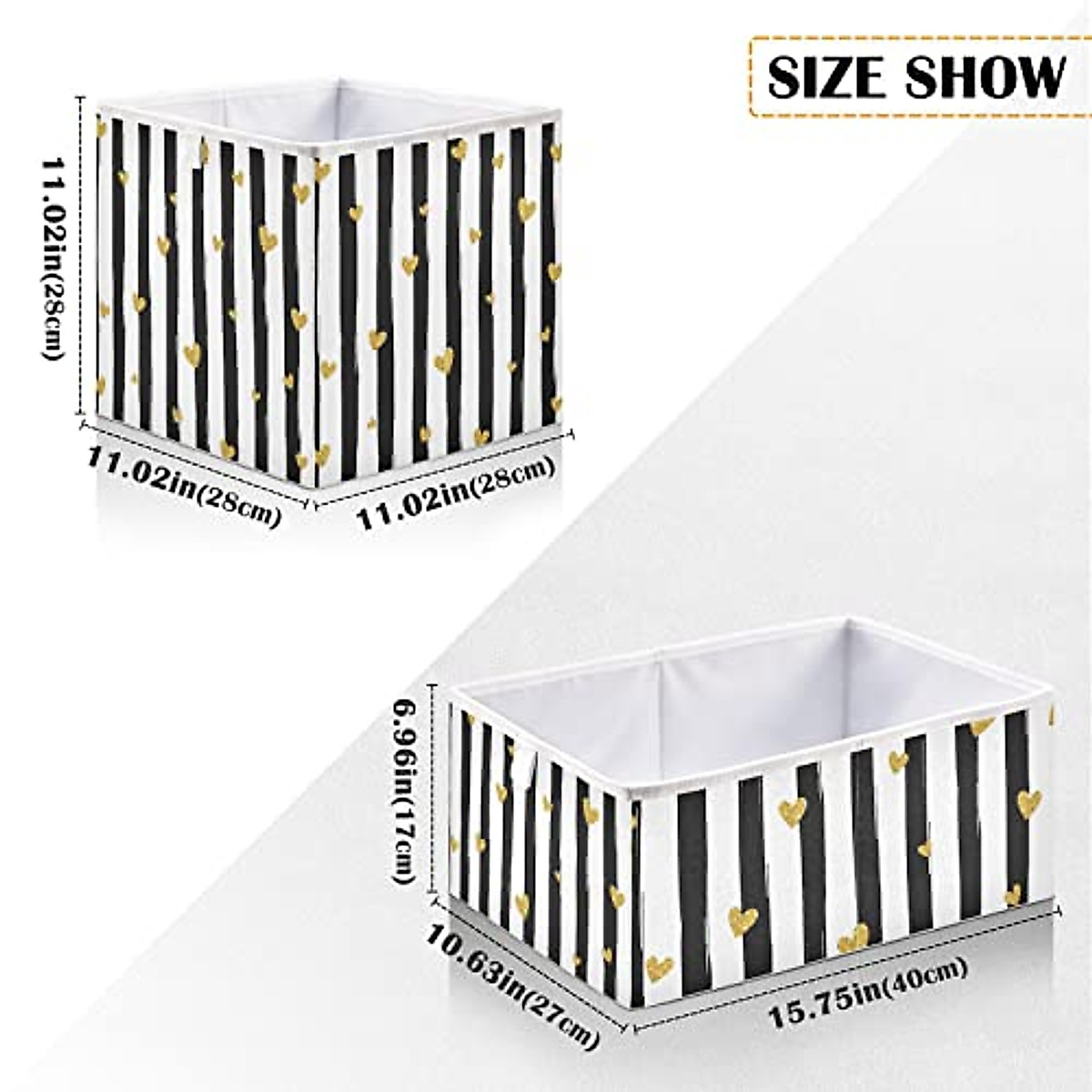 Kigai Black and White Stripes with Hearts Cube Storage Bin 15.7x10.6x7 in, Large Organizer Collapsible Storage Basket for Shelves, Closet, Storage Room