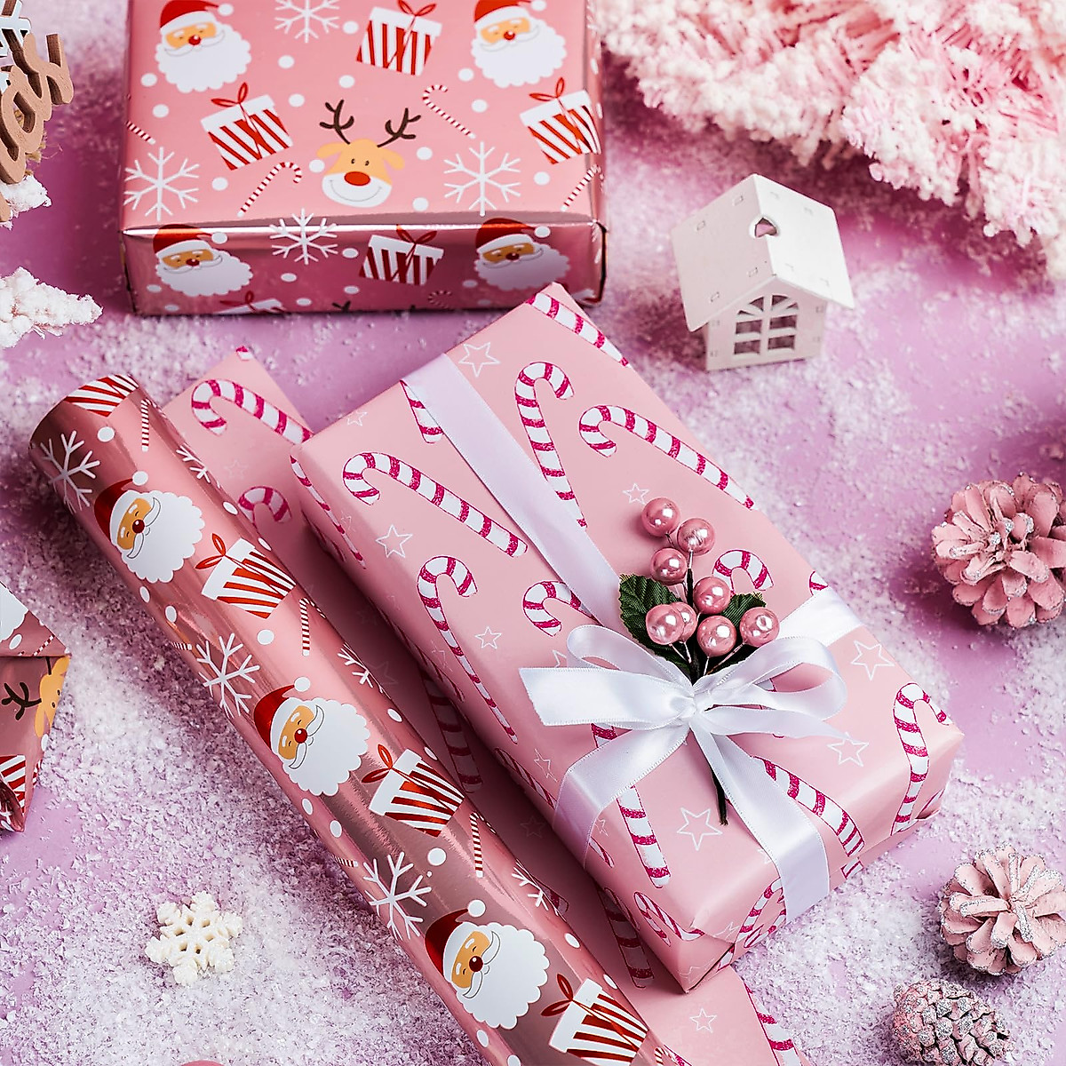 LeZakaa Reversible Christmas Wrapping Paper Roll - Metallic Foil with Santa Claus & Candy Cane in Pink - 17 inches x 32.8 Feet (46.45 sq.ft.)