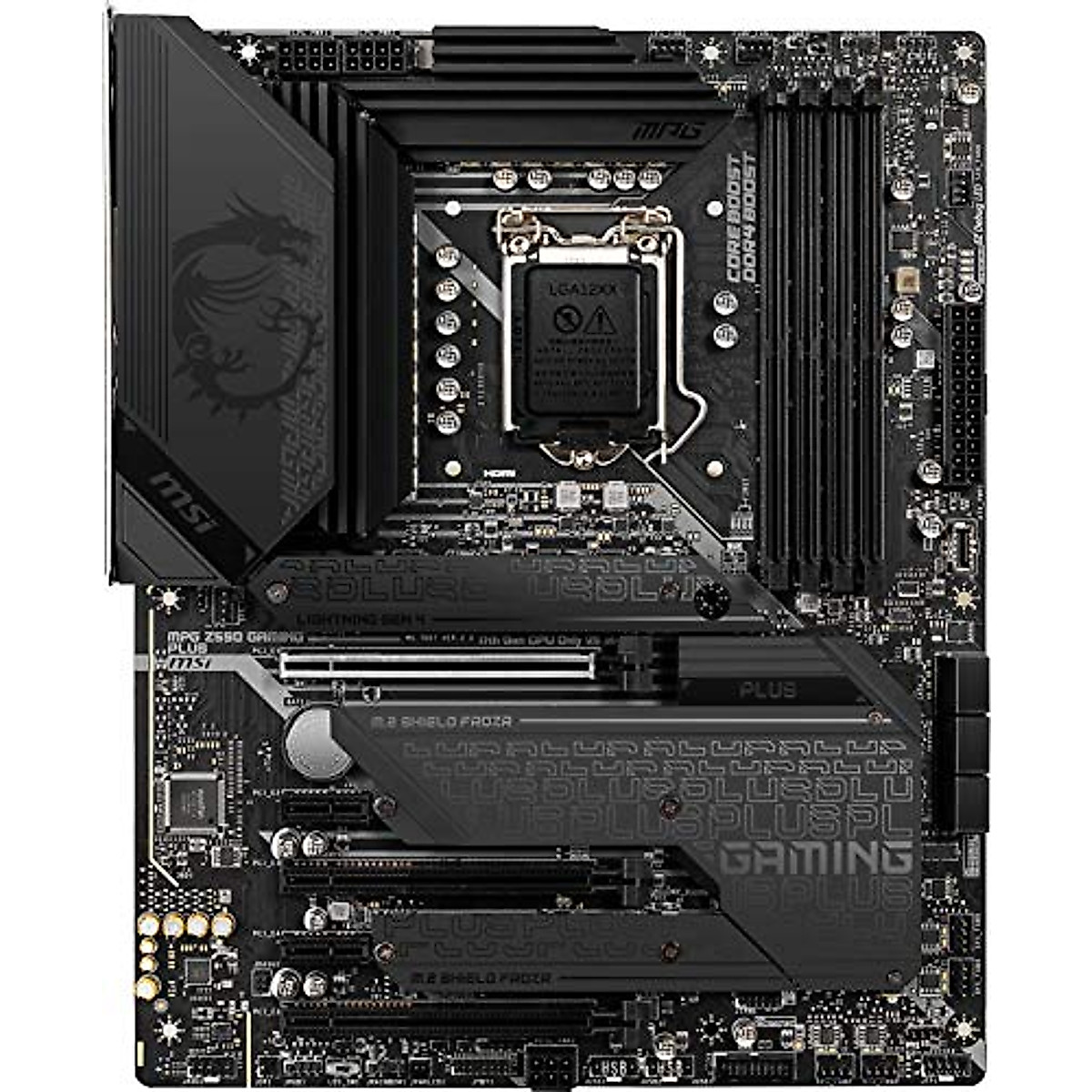 MSI MPG Z590 Gaming Plus Gaming Motherboard (ATX, 11th/10th Gen Intel Core, LGA 1200 Socket, DDR4, PCIe 4, CFX, M.2 Slots, USB 3.2 Gen 2, DP/HDMI, Mystic Light RGB)
