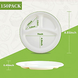 ECOLipak 150 Pack Compostable 3 Compartment Plates, Heavy-Duty Disposable Biodegradable Paper Plates, 8.85 inch Eco-Friendly Sugarcane Bagasse Divided Plates for Dinner