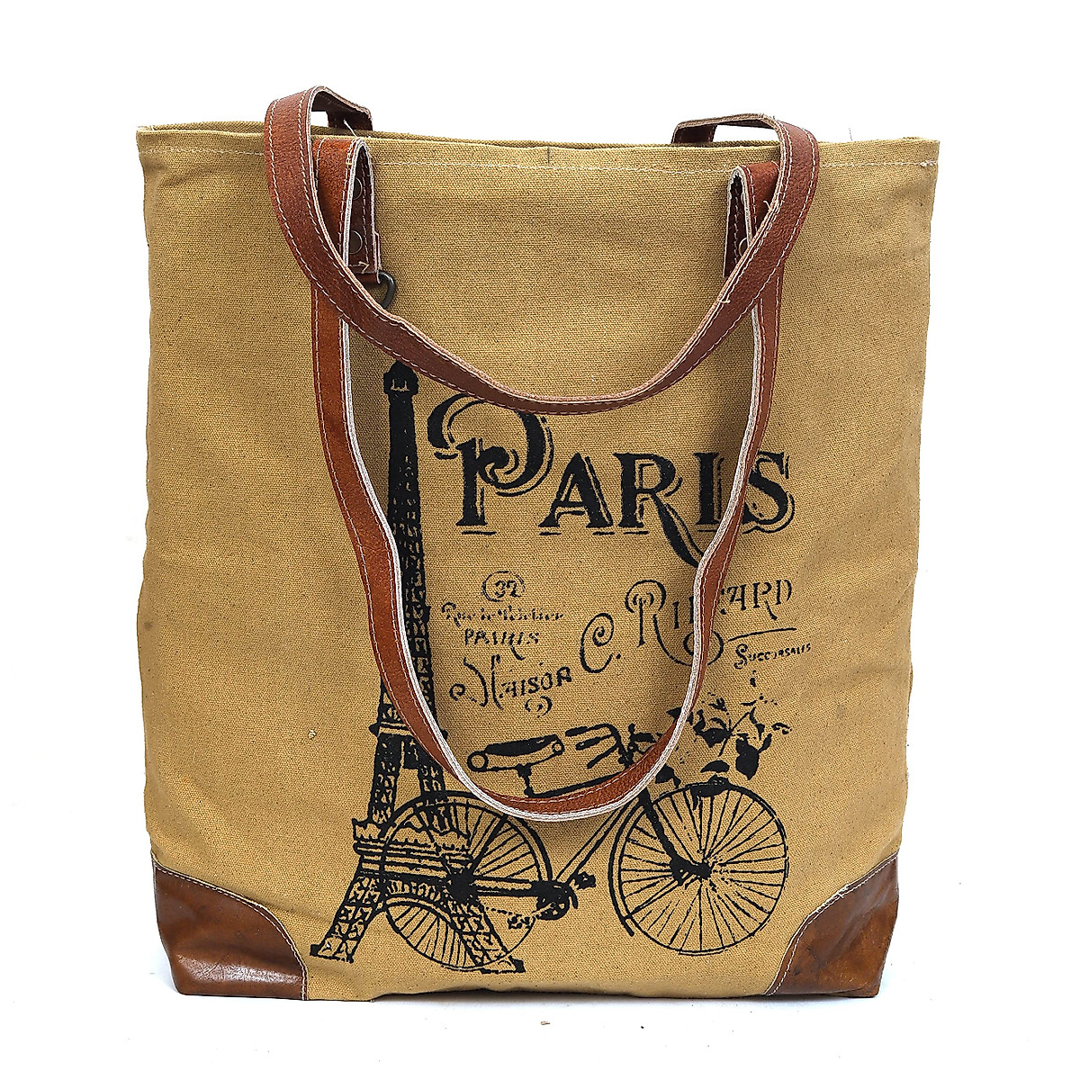 CLA Upcycled Canvas & Leather Handbag 16 Inch Height & Cowhide Tote Bag, Canvas Handbags for women (Khaki)