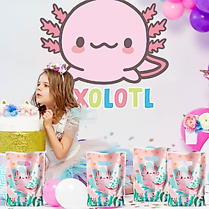 3sscha 50Pcs Axolotl Party Favor Bag Amphibian Themed Waterproof Goodie Bag with Die Cut Handles Reptile Animals Water Plants Plastic Candy Gift Bags for Baby Girl Birthday Baby Shower Decors Supplies