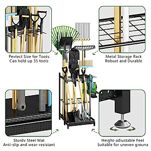 GILLAS Garden Tool Organizer for Garage, Utility Storage Racks with Hooks, Metal Yard Tool Stand Holder Organizer for Long-Handled, Broom, Shovel, Rake, Sturdy Heavy Rack for Outdoor, Yard, Black
