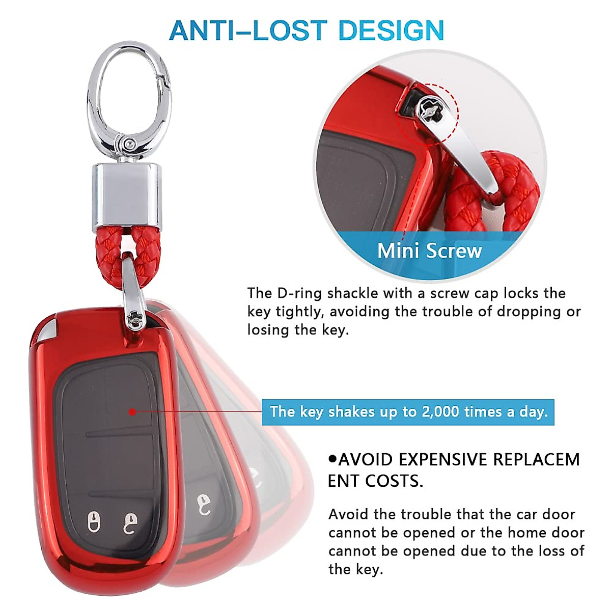 1797 for Dodge Jeep Key Fob Cover Challenger Charger Durango Journey Grand Cherokee Compass Renegade Car Key Chain Case Shell Protector TPU Red