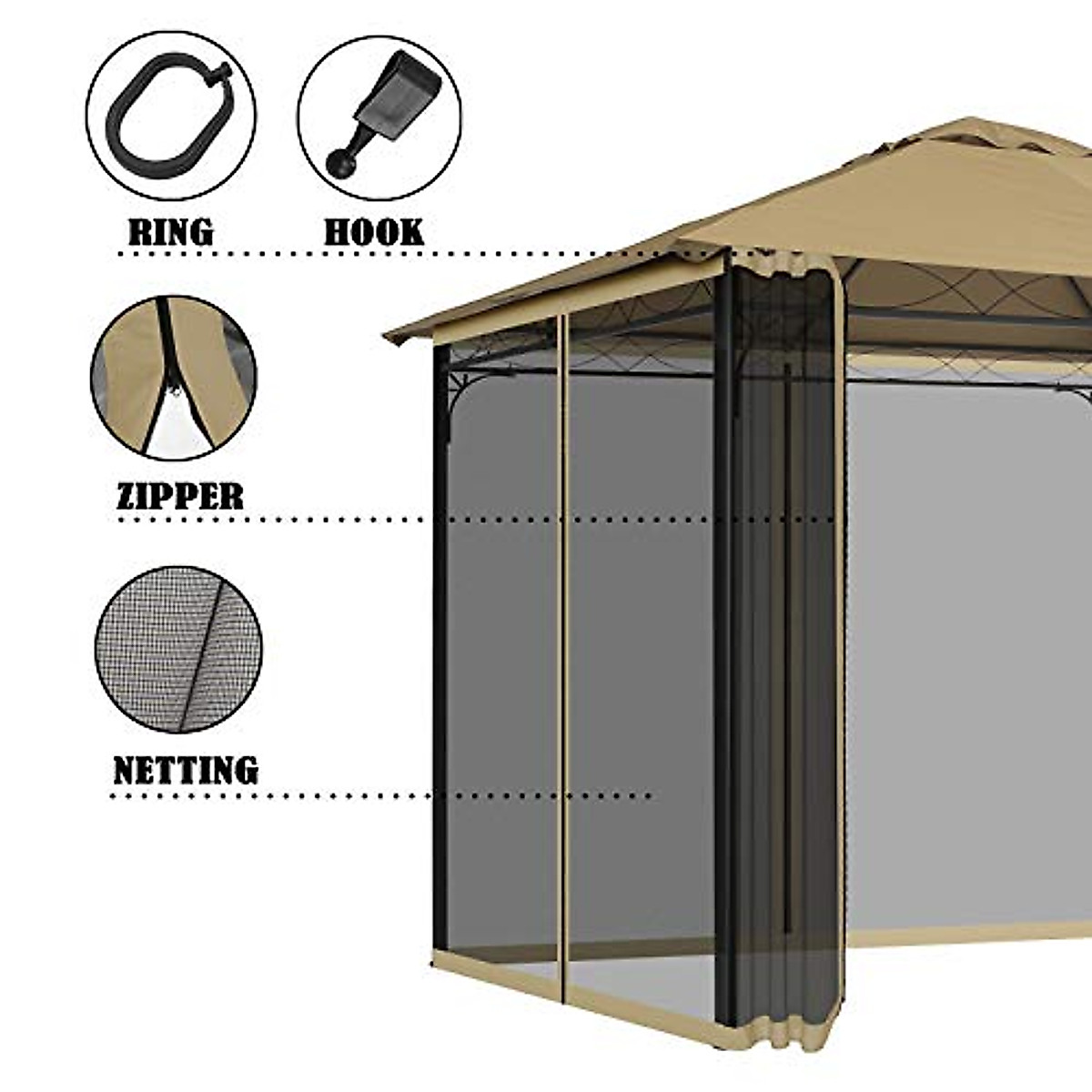 COWVIE Gazebo Netting Screen Replacement Universal 4-Panel Sidewalls 10' x 12' ( Only Netting)