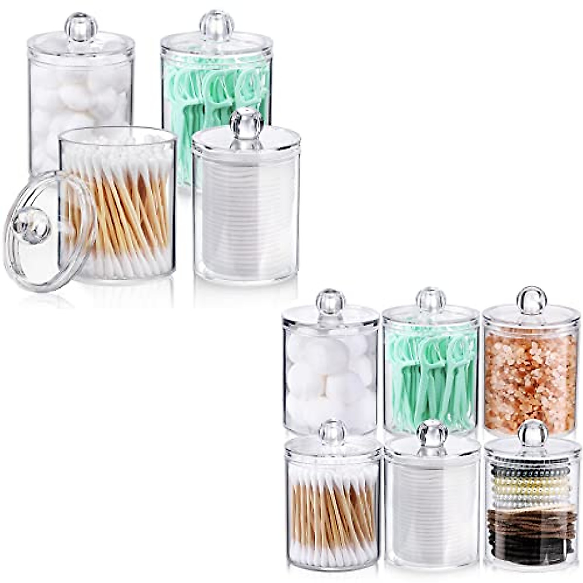 10 Pack Qtip Holder Dispenser for Cotton Ball, Cotton Swab, Cotton Round Pads, Floss - 10 oz Clear Plastic Apothecary Jar Set for Bathroom Canister Storage Organization, Vanity Makeup Organizer