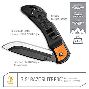 OUTDOOR EDGE 3.5" RazorLite EDC Knife. Pocket Knife with Replaceable Blades and Clip. The Perfect Hunting Knife for Skinning Deer. Blaze Orange with 6 Blades