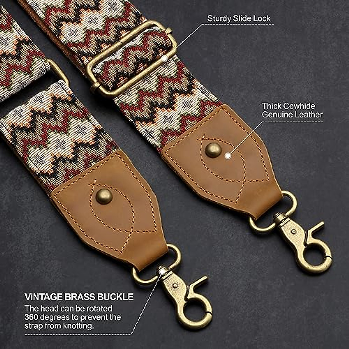 Nefelibata Purse Strap-2"Crazy Horse Leather Wide Shoulder Strap Adjustable Replacement,Retro Jacquard Embroidery Multi-pattern Crossbody Bag Straps for Handbag,Crossbody Bags,、(Ethnic style red)