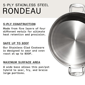 Made In Cookware - 10 Quart Stainless Steel Rondeau Pot w/Lid - 5 Ply Stainless Clad - Professional Cookware - Crafted in Italy - Induction Compatible