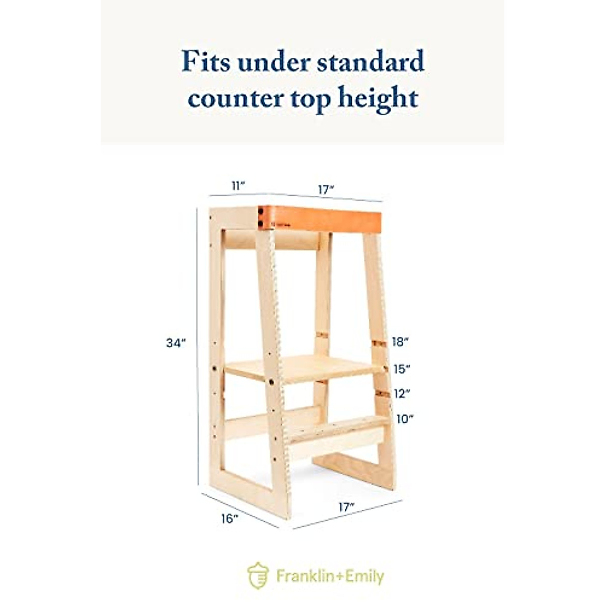 Franklin + Emily Wooden Toddler Tower and Step Stool (Toddler Step Stool with Leather Strap, Kitchen Helper Tower, Kitchen Tower, Safety Stool, Kid Step Stool, Activity Tower, Montessori Tower)