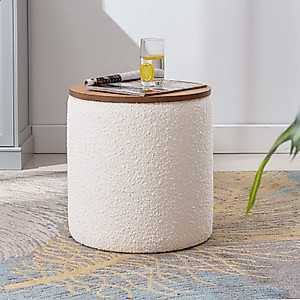 ONEVOG Beige Storage Ottoman with Wooden Lid, Tufted Boucle Fabric, Round Side Table Pouf, Small Vanity Seat Stool, Storage Footstool Chair for Living Room, Bedroom