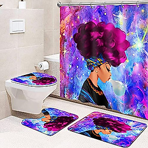 4PCS African American Woman Shower Curtain Set for Bathroom with Rugs and Accessories Sets Include Black Girl Bathroom Shower Curtain Set & 3 Non-Slip Bath Mat (Purple)