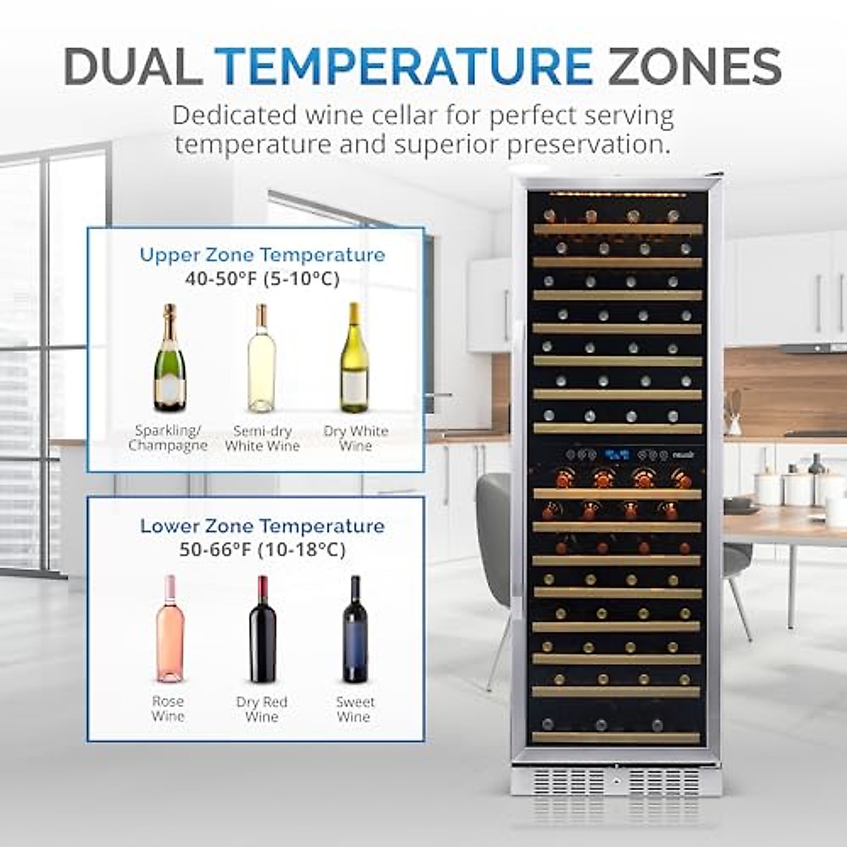 NewAir 24" Wine Cooler Refrigerator, Large 160 Bottle Built-in or Freestanding Dual Zone Wine Cellar in Stainless Steel with Precision Thermostat, and Full Extension Beechwood Shelves