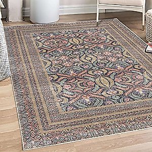 Ambesonne Oriental Decorative Rug, Traditional Culture Pattern of Flowers and Blossoms Composition Artwork, Quality Carpet for Bedroom Dorm and Living Room, 4' X 5' 5", Khaki Multicolor