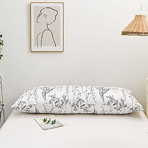 White Flowers Body Pillow Cover 20x54 inches Black Sketch Flowers Printed Country Style Decor Botanical Body Pillow Case Cover with Pocket Closure(Body,Black Flower)