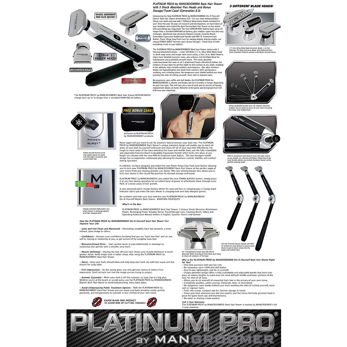 MANGROOMER - PLATINUM PRO New Back Hair Shaver Replacement Blade with 1.8 Inch Wide Blade Design!