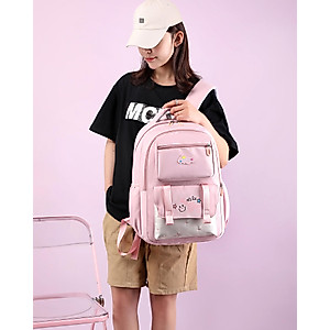 Makukke Backpack for Girls Kids, Cute Kawaii School Bag Lightweight Bookbag Backpack for Middle & High School with Anti Theft Pocket, Pink Backpack